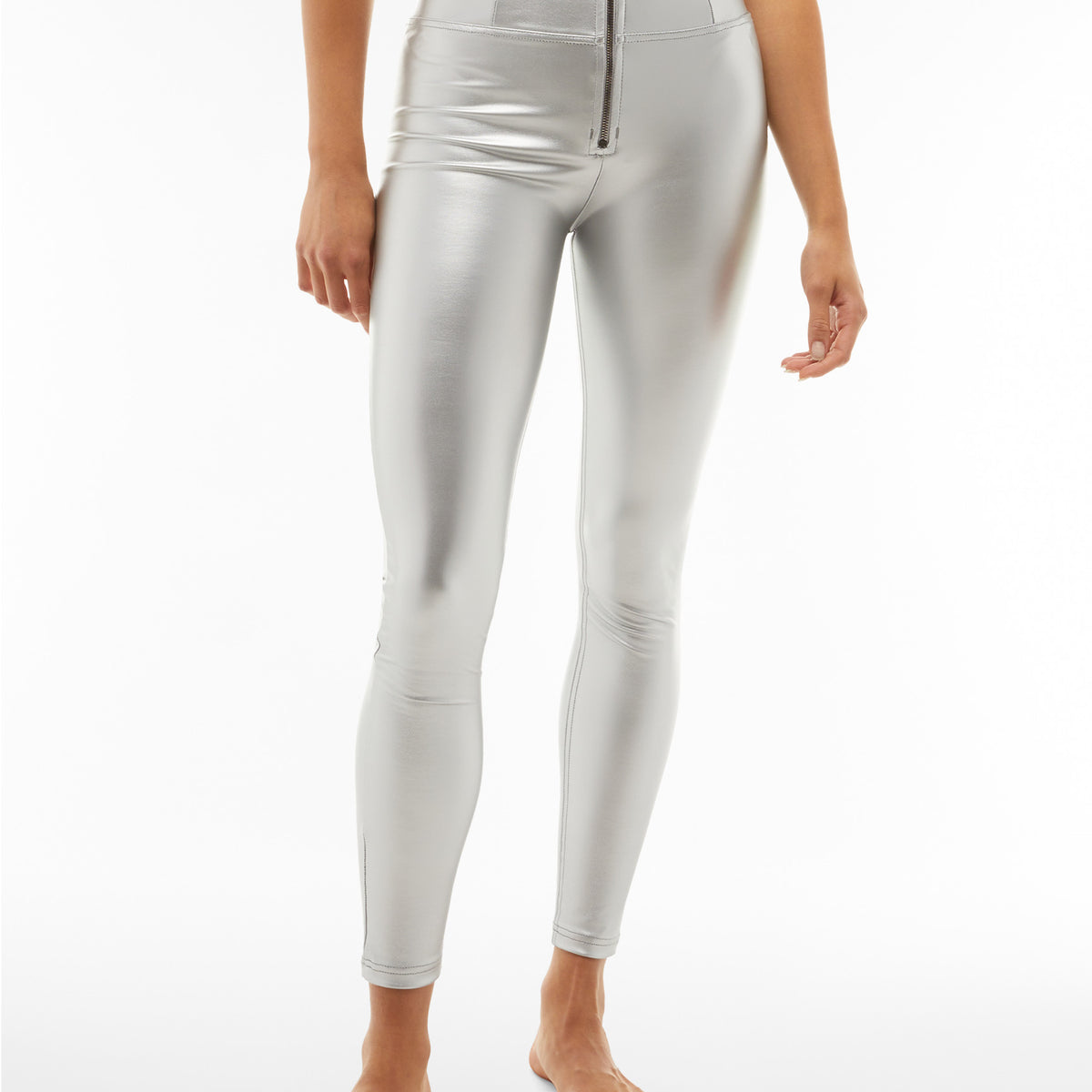 WR.UP® trousers with a very high waist in metallic faux leather